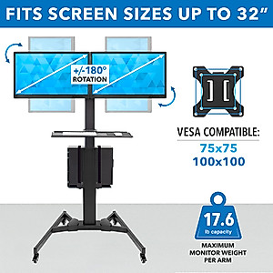 Mount-It! Adjustable Mobile PC Workstation - Dual Monitors up to 32", Rolling Computer Cart Wheels, Rolling 2 Monitor Stand, Keyboard and CPU Holder for Office, Medical, Hospitals, Home & Classrooms