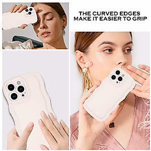 YINLAI Designed for iPhone 14 Pro Max Case 6.7 Inch, Cute Curly Wave Frame Shape Slim Soft Silicone Gel Rubber Phone Cover, TPU Bumper Women Girly Shockproof Protective Case, White/Stone