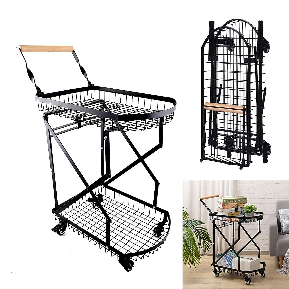 CYJZWOH Multi Use Functional Collapsible Carts, 2-Tier Metal Mobile Folding Trolley Shopping Cart, with Wooden Handle, Lockable Wheels for Office, Living Room, Kitchen, Picnic(Black)