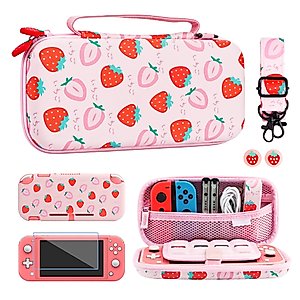 FUNDIARY Pink Carrying Case for Nintendo Switch Lite Accessories, Travel Case Bundle for Switch Lite with Soft TPU Cover, Adjustable Shoulder Strap, Screen Protector and 2 Thumb Caps - Strawberry