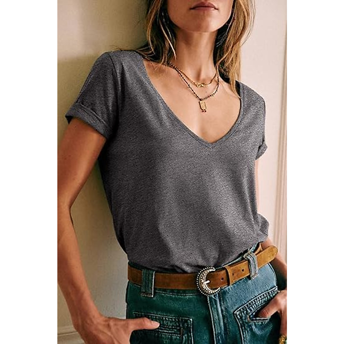 Beyove Women's Classic-Fit Short-Sleeve V-Neck T-Shirt, Multipacks White Grey