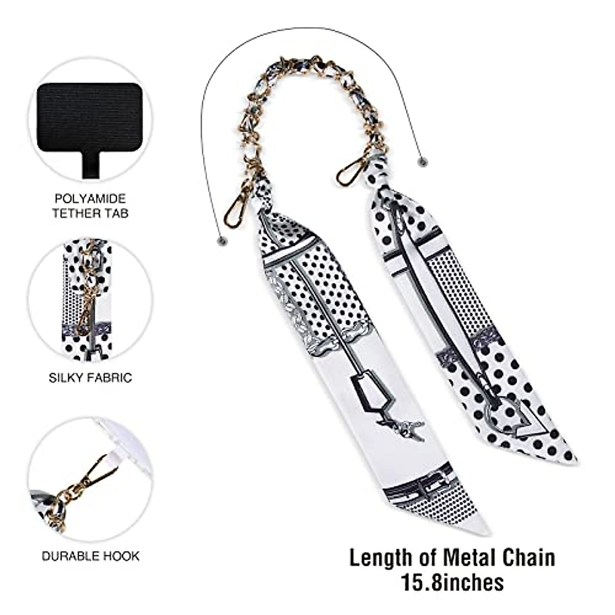 LAVAVIK Phone Lanyard Silk Scarf Upscale Chain Wrist Strap Keychain Wallet Lanyard With 2 Tether Tab Compatible with all Smartphone Cases White