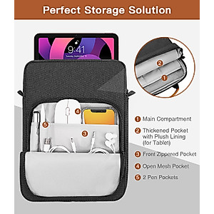 MoKo 9-11 Inch Tablet Sleeve Bag Handle Carrying Case with Shoulder Strap Fits New 11-inch iPad Pro M4/iPad Air M2, iPad 10th 10.9, iPad 9/8/7th 10.2, iPad Air 5/4th 10.9, Tab S8/S9 11, Black & Gray