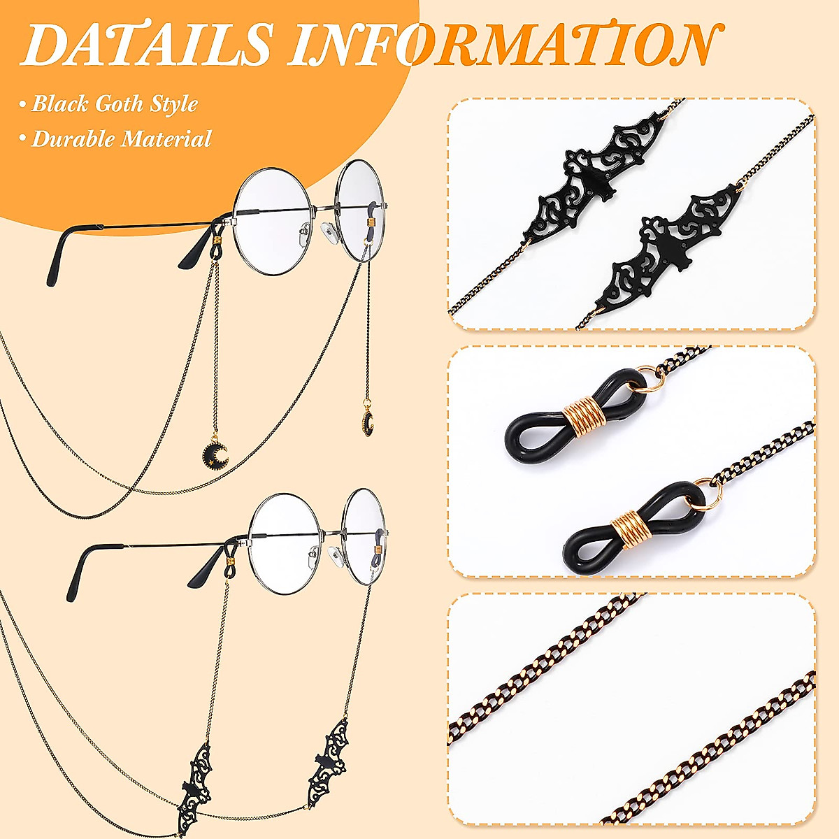Flutesan 6 Pieces Glasses Chain Goth for Women Men Eyeglass Holder Chain Lanyard Sunglasses Chains Bat Moon Love Cat Pendant Eyewear Strap Holder Anti Lost Eyeglass Leash