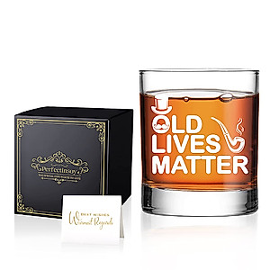 Perfectinsoy Old Lives Matter Whiskey Glass with Gift Box, Funny Dad Gifts from kids, Funny Gag Gifts for Mom, Dad, Grandma, Grandpa, Anniversary, Birthday or Retirement Gift for Senior Citizens