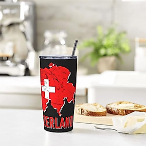 VKKOEWL Switzerland Swiss Flag Map Stainless Steel Insulated Tumbler 20 Oz Travel Water Bottle Coffee Mug Drink Cup With Lid Straw