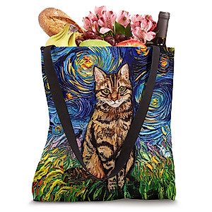 Brown Tabby Cat Starry Night Impressionist Animal Art by Aja Tote Bag