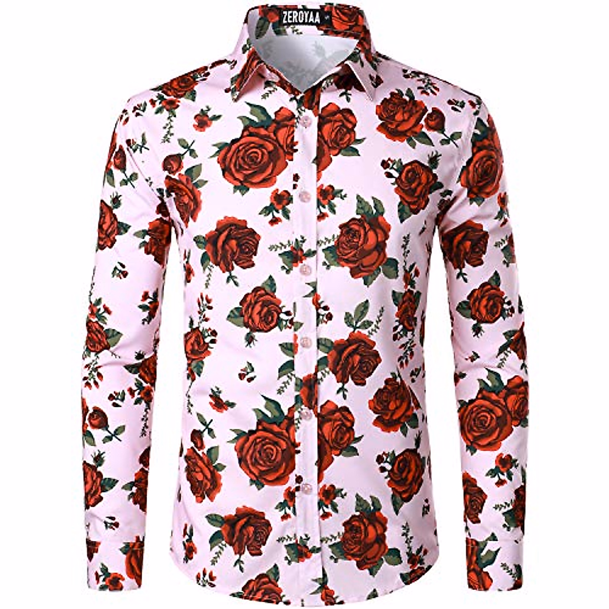 ZEROYAA Mens Fashion Urban Design Polyester Slim Fit Long Sleeve Rose Printed Button Up Dress Shirts ZLCL21-Pink Medium