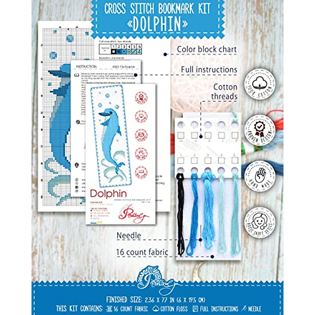 Dolphin Counted Cross Stitch Bookmark Kit for Adults - DIY Embroidery Book Marker Set with Paper Pattern, 16 Count Aida Canvas and Pre-Sorted Floss