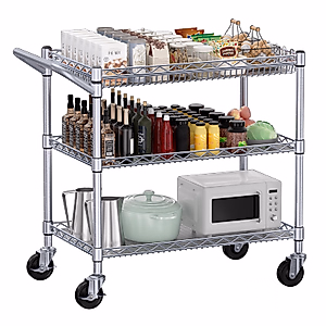 WDT Heavy Duty 3 Tier Rolling Utility Cart, Kitchen Metal Utility Carts with Handle Bar, Utility Shelf Plant Display Shelf Food Cart Storage Trolley with Wheels, Silver