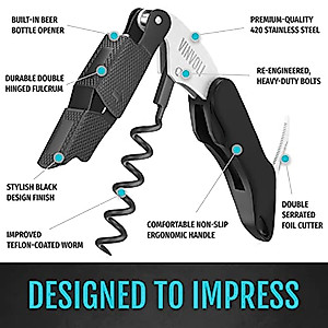 VINVOLI Professional Waiters Corkscrew Wine Bottle Opener - New 2023 Multi-Functional 3-in-1 Cork Screw Wine Bottle Openers - Wine Opener Corkscrews - Cool Beer Opener Wine Key With Wine Foil Cutter