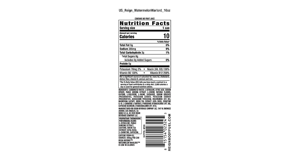 REIGN Inferno Watermelon Warlord Thermogenic Fuel 16oz Pack of 12
