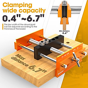 BLEKOO Upgraded 6.7 inch Self Centering Doweling Jig Kit, Drill Jig For Straight Holes Biscuit Joiner Set With 6 Drill Guide Bushings, Adjustable Width Drilling Guide Power Tool Accessory Jig (Orange)