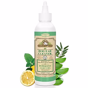Dog Ear Cleaner Solution with Peppermint. Our Ear Cleaner for Dogs Helps to Remove Wax, Debris & Odor in Pets. Natural Puppy and Dog Ear Wash or Otic Cat Ear Cleaner Drops. No More Dog Head Shaking.