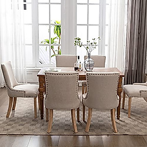KCC Fabric Dining Chairs Set of 2 Upholstered Dining Room Chair with Solid Wood Legs,Modern Style Armless Chair with Nailhead Trim for Kitchen, Beige