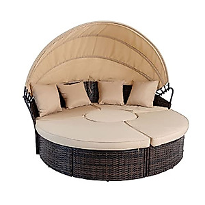 Incbruce Outdoor Daybed with Retractable Canopy, Wicker Outdoor Sectional Furniture Patio Round Daybed, All-Weather Camshell Lounger Seating Separates Cushioned Seats for Patio Backyard Pool (Brown)