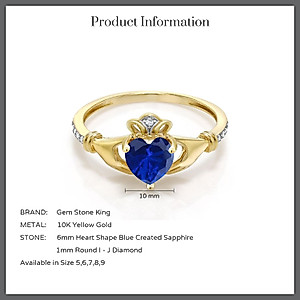 Gem Stone King 10K Yellow Gold Irish Celtic Claddagh Blue Created Sapphire and Diamond Accent Women Ring (0.86 Cttw, Available In Size 5, 6, 7, 8, 9)