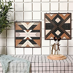 Qunclay 4 Pieces Wood Wall Art Wooden Aztec Wall Decor Boho Western Wall Decor Diamond Sign Farmhouse Home Wall Art Prints on Wood for Apartment Bedroom Living Room, 11.8 x 11.8 Inches