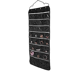 56 Pockets Large Zippered Dual Sided Jewelry Hanging Organizer Necklace Earrings Bracelets Rings Accessories Storage Bag Wall Mounted Door Cabinet Hanger Holder Clear Pouch Display Foldable for Travel