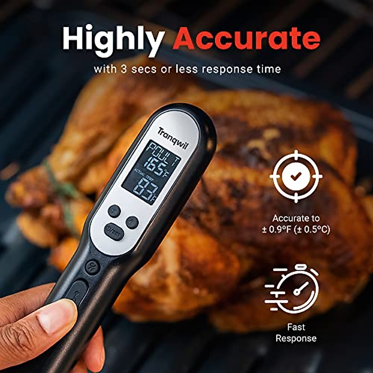 Tranqwil Meat Thermometer Instant Read - Digital Waterproof with Backlight, Fast Calibration, and Wireless Charging for Cooking, Kitchen, and Grill - Silver/Black