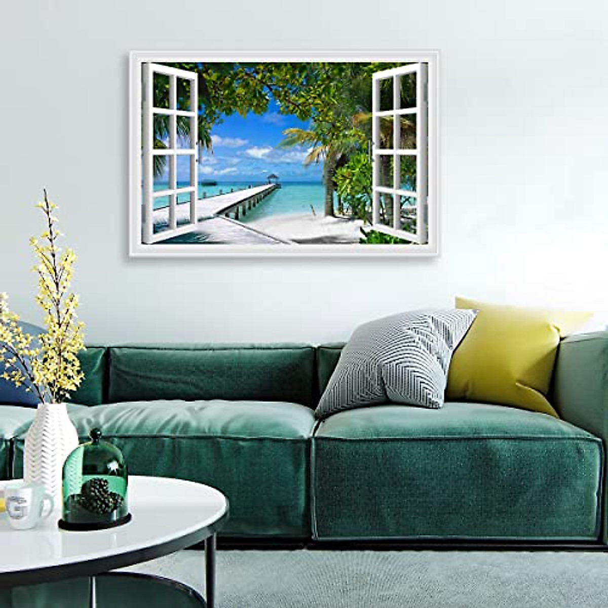 Window Beach Picture Canvas Wall Art Ocean Palm Tree Maldives Nature Landscape with Framed Living Room Blue Decor 36x24