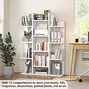 Aheaplus Bookshelf, Tree-Shaped Bookcase Storage Shelf with 13 compartments, Books Organizer Display Cube Shelves, Industrial Free Floor Standing Wood Open Bookshelves for Home, White