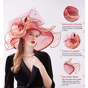 Z&X Women's Organza Church Fascinator Hair Clip Bridal Wedding Tea Party Hat Wide Brim Anti-UV Sun Hat Coral Red