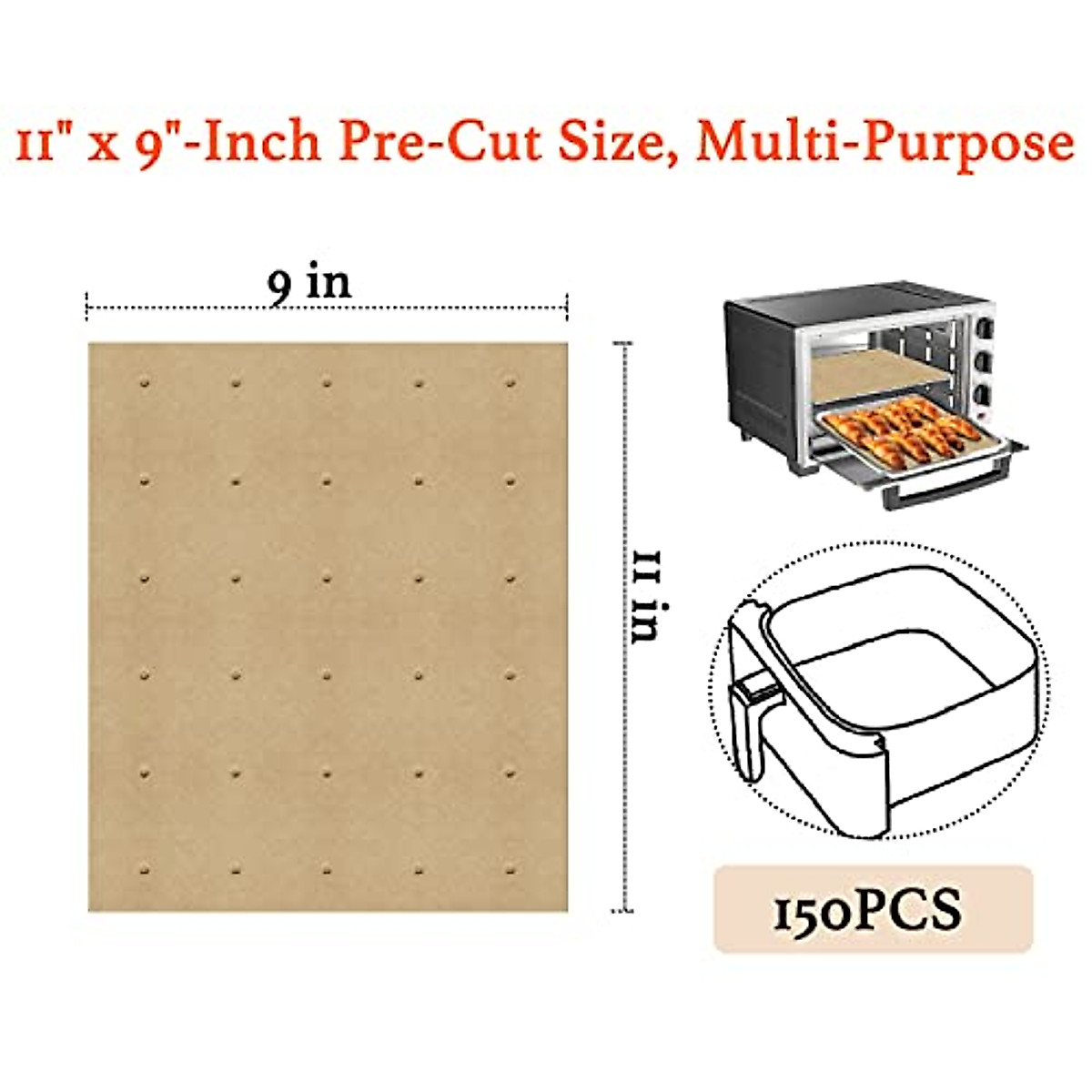 Indulward Unbleached Air Fryer Parchment Paper, 150 PCS Perforated Square Air Fryer Liners compatible with Cuisinart, Breville, Black and Decker Air Fryer,11 x 9 inch.