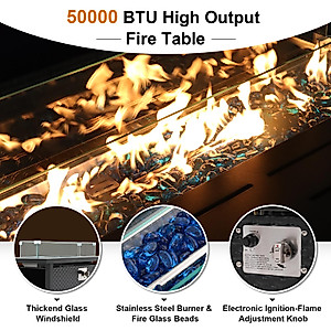 JOIVI 8 Pieces Patio Furniture Set with Fire Pit Table, Outdoor Patio Conversation Set, PE Wicker Sectional Sofa Set with Storage Box for Garden, Poolside, Backyard, 3 Blue Pillows Included, Grey