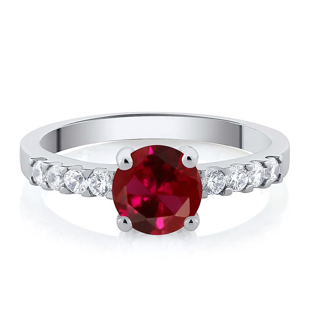 Gem Stone King Red Created Ruby Engagement Anniversary Promise Ring For Women (1.24 Cttw, Gemstone July Birthstone, Round 7MM, Available in Size 5,6,7,8,9)