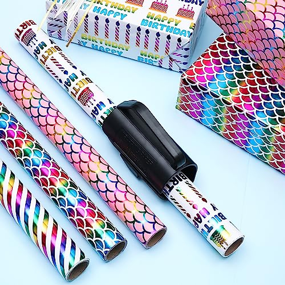 THMORT Mermaid Wrapping Paper Roll with a Cutter Kit for Girls&Boys,Kids Birthday Adults, Princess Pink Barbies 17 Inch X 120 Inch Gift Wrapping Paper Colorful Rainbow Happy Birthday wrapper.