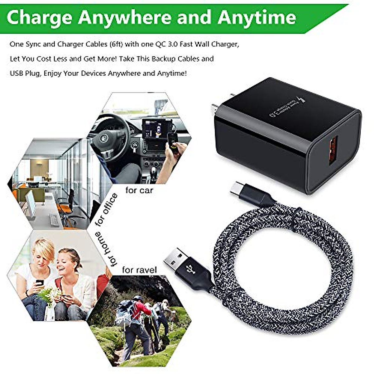 Quick Charge 3.0 Fast Charging USB Wall Charger Plug with 6ft Type C Cable for Samsung Galaxy S23 S22 Plus S21 S23 Ultra/S21+ S20 FE Note20 A53 A13 A03S A21 A51 A12 A20 A10E A50 A71 A32 A52 S10 S9 S8