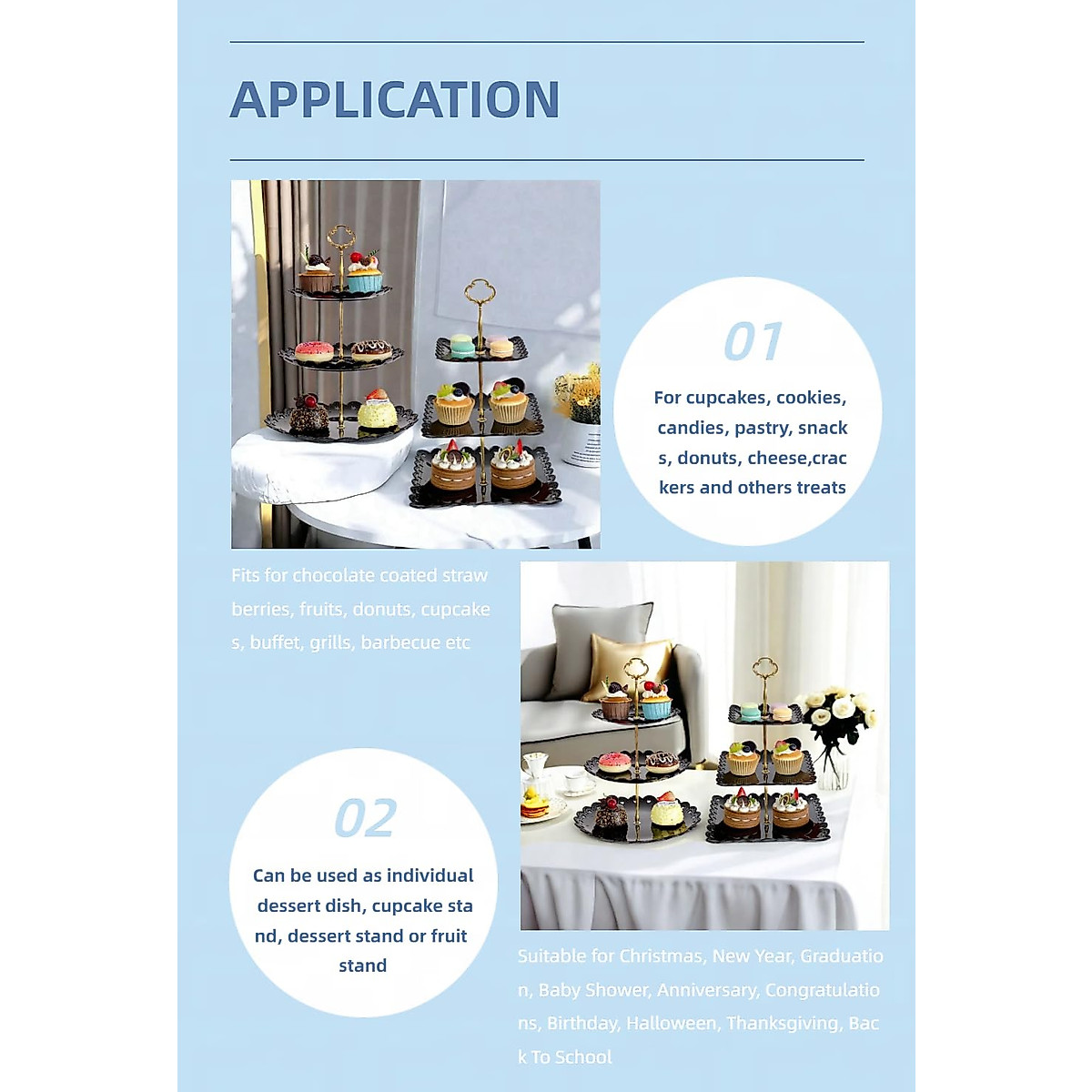 RAUVOLFIA 2 Pack of Large Round & Square Dessert Cupcake Stand, 3 Tier Cup Cake Holder Tower for Tea Party/Birthday/Wedding, Plastic Tiered Serving Tray (Black)