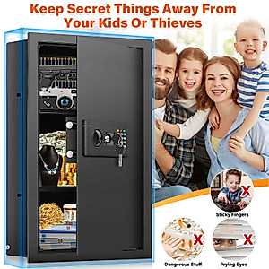 25.6" Tall Fireproof Wall Safes Between the Studs 16" Centers, Hidden Wall Safe with 2 Removable Shelf & Hidden Tray, Heavy Duty Wall Mount Safe for Firearms, Money, Jewelry, Passport Black