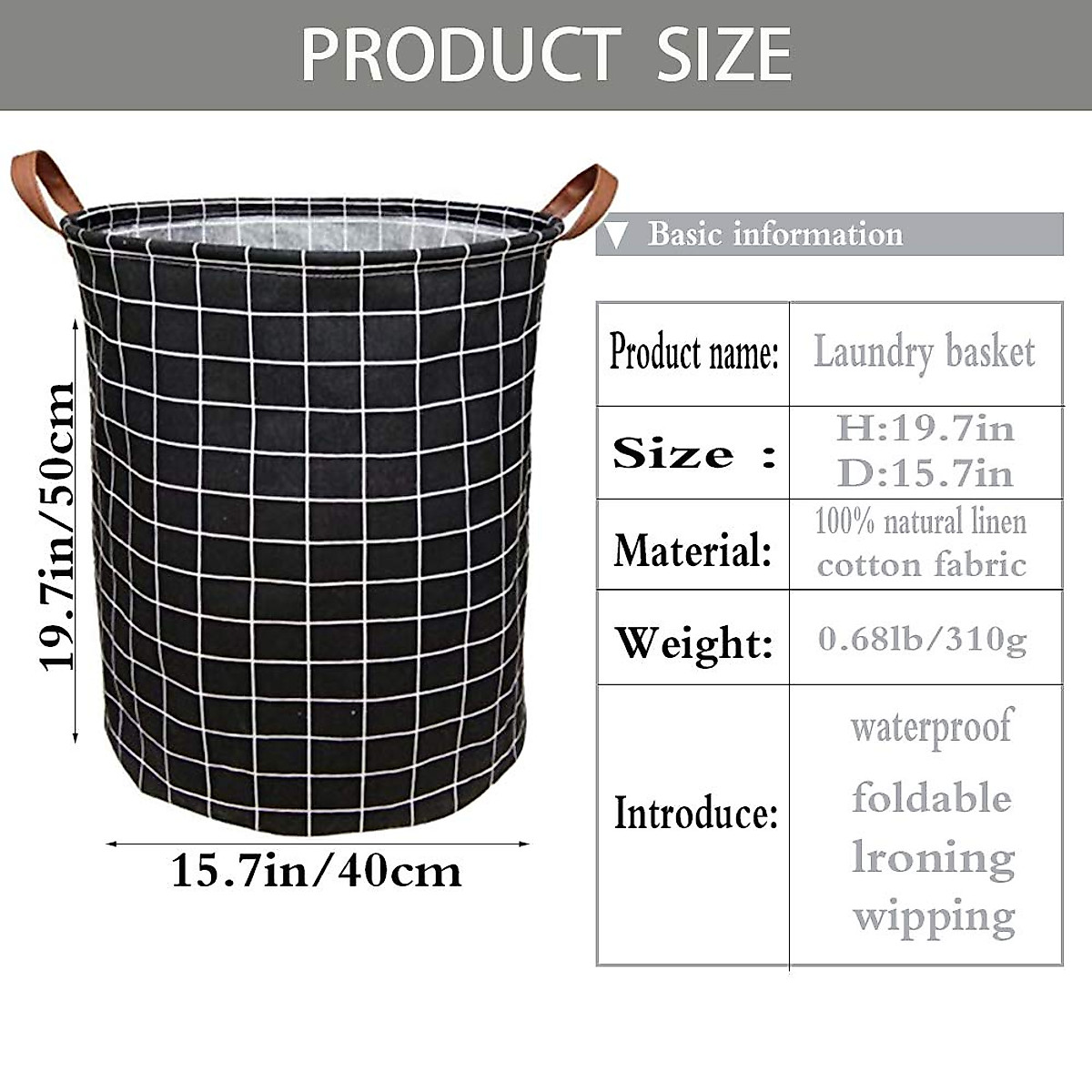 BOOHIT Cotton Fabric Storage Bin,Collapsible Laundry Basket-Waterproof Large Storage baskets,Toy Organizer,Home Decor(Black plaid)