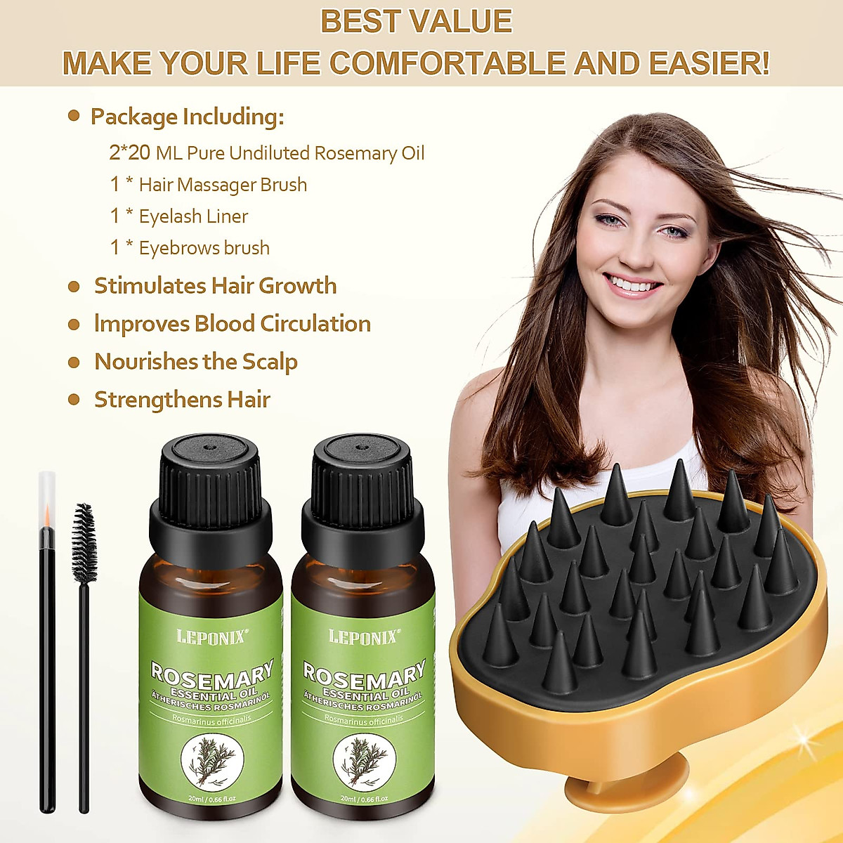 Rosemary Hair Oil for Hair Growth, Nature Pure Rosemary Oil for Hair with Scalp Massager Hair Growth Hair Regrowth Treatments for Women Men