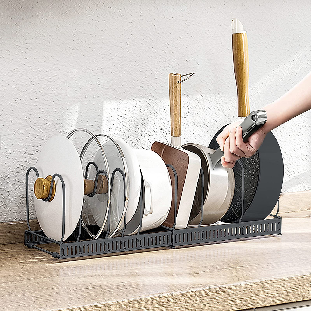 BesChase Pots and Pans Organizer, Expandable Pot Rack with 12 Adjustable Dividers, Pot Pan Lid Organizer Holder for Cabinet Countertop Cupboard Kitchen Storage