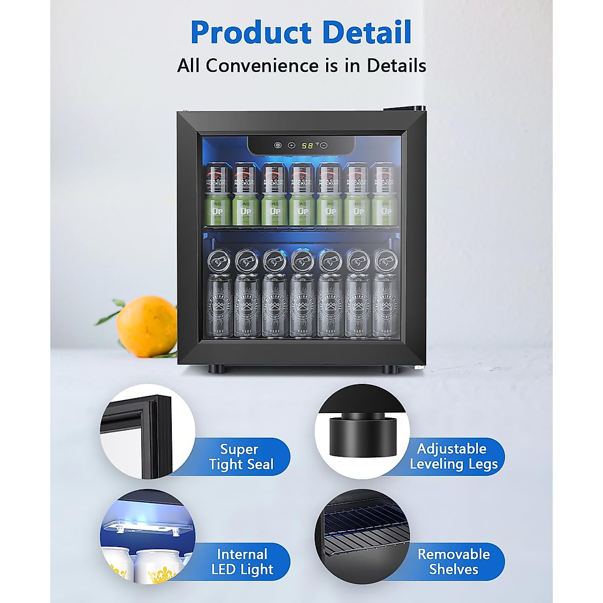 Joy Pebble Beverage Refrigerator Cooler 1.3 Cu.Ft, 12 Bottle 55 Can - Mini Fridge with Glass Door for Beer Drinks Wines,Freestanding beverage fridge with Adjustable Shelving