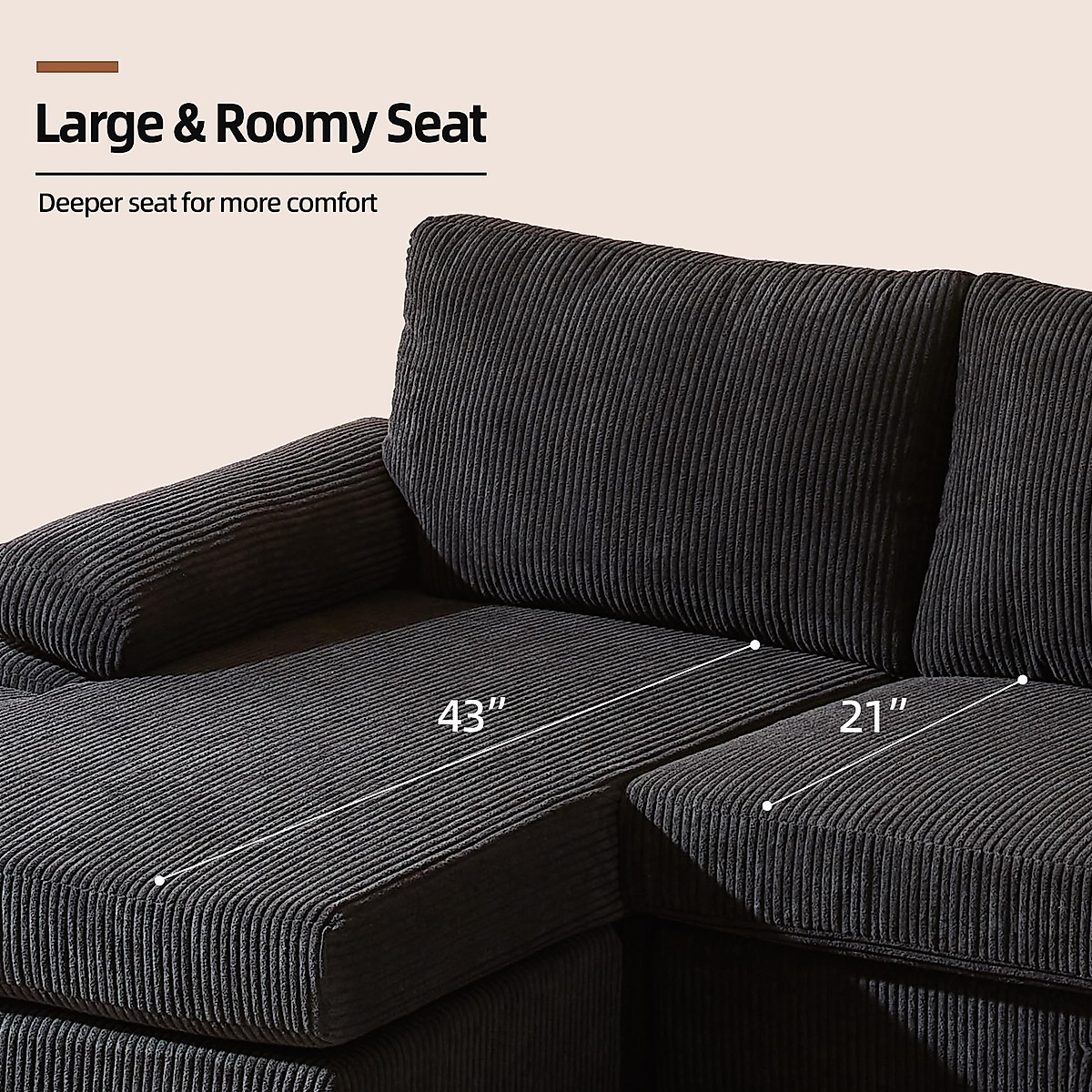 POUUIN 100" Corduroy Convertible Sectional Sofa Couches for Living Room,3 Seater L Shaped Sofa Couch with Reversible Chaise,Comfy Deep Seat Sofa for Office Apartment (Black 1)