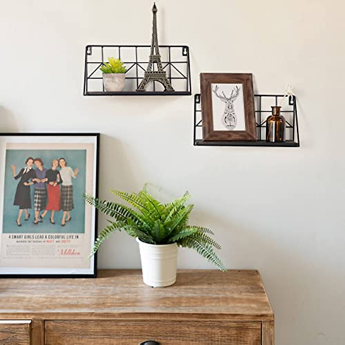 TIMEYARD Floating Shelves Wall Mounted, Set of 2 Black Wire Metal Wood Shelves, Modern Arrow Design Storage Shelf for Photo Frames, Small Plants, Bedroom, Dorm, Living Room, Bathroom, Kitchen, Small