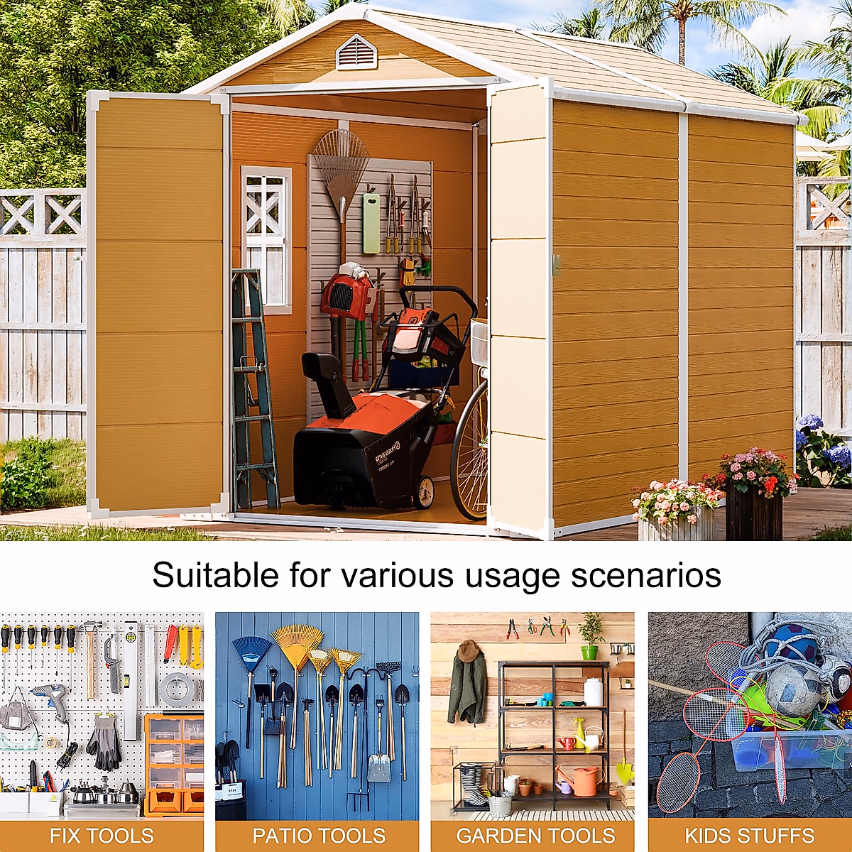 Outdoor Resin Storage Shed 8x6 FT, Plastic Sheds with Floor Window Lockable Door Included, Large Waterproof Outside Sheds Storage for Backyard Garden Patio Lawn Tools, Brown