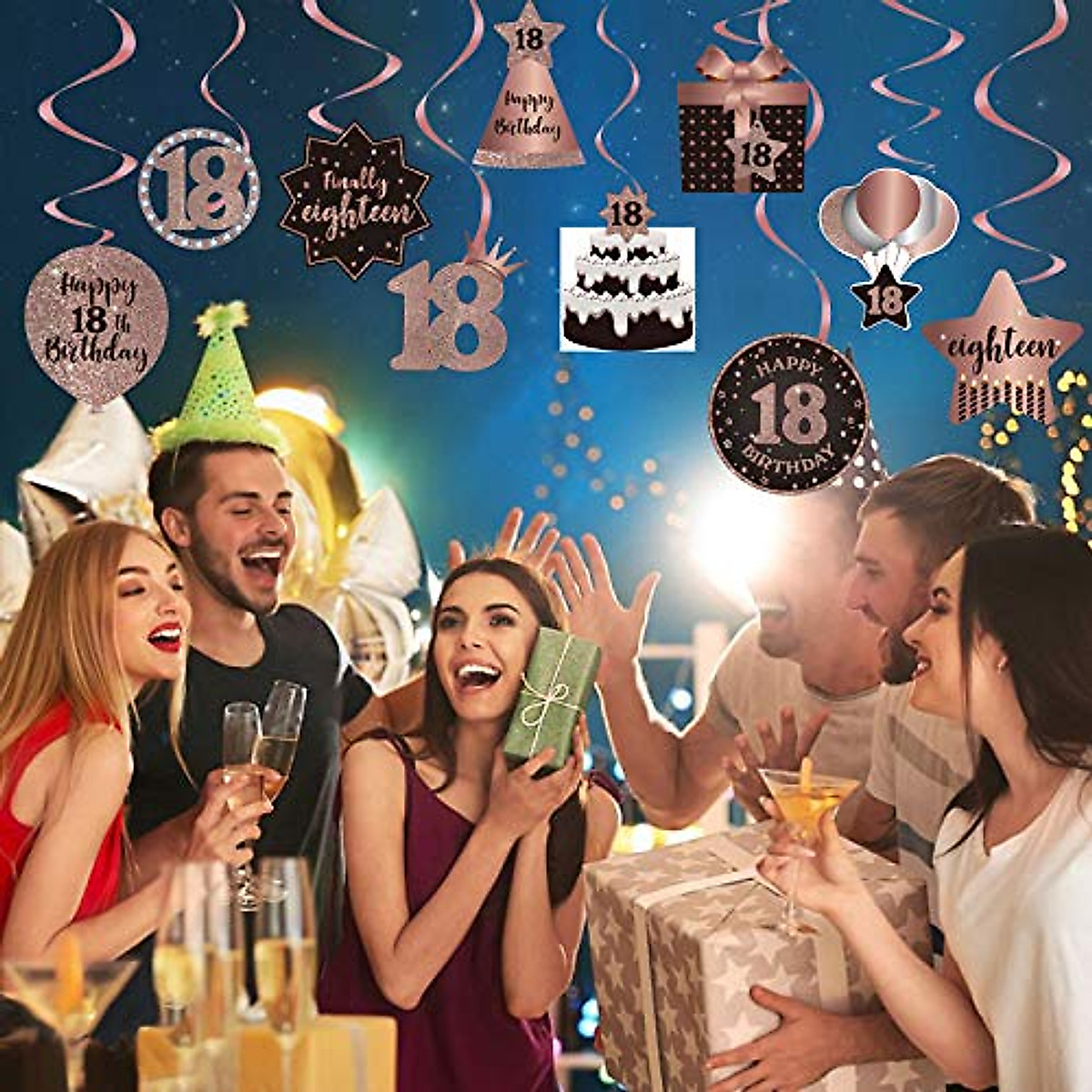 Happy 18th Birthday Party Hanging Swirls Streams Ceiling Decorations, Celebration 18 Foil Hanging Swirls with Cutouts for 18 Years Old Pink and Gold Birthday Party Decorations Supplies