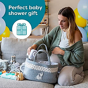 Cradle Star Diaper Caddy Organizer – Portable Baby Basket Diaper Storage Organizer with Compartments – Baby Diaper Caddy for Changing Table Nursery, Elephant Baby Shower Gifts - 100% Cotton Rope, Gray