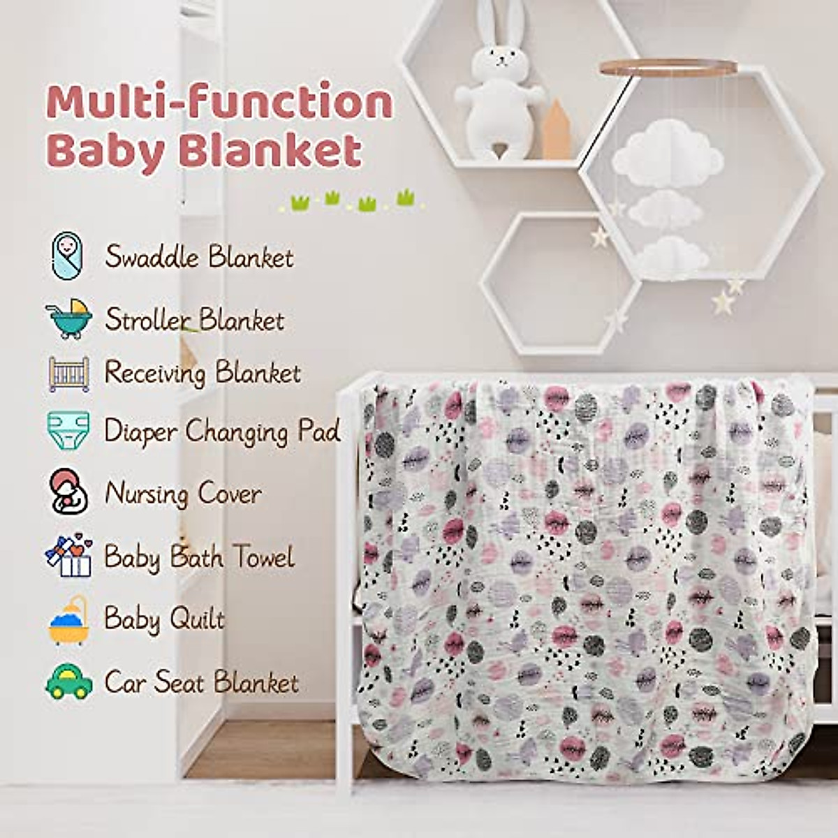 Miracle Baby Muslin Swaddle Blankets Large Cotton Receiving Blanket Nursing Cover 55''x 39''(2 Layers,Rabbit)