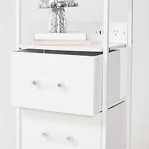 Dormify Charging 3-Drawer Cart on Wheels | 1 Outlet & 2 USB Ports | Fabric Drawers | Nightstand | Closet Dresser | White with Clear Handles | Storage for Small Spaces | Dorm Room Essentials