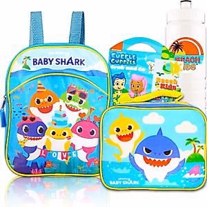 Baby Shark Mini Backpack 3 Pc Bundle with Lunch Bag for Kids with Stickers (Baby Shark School Supplies)