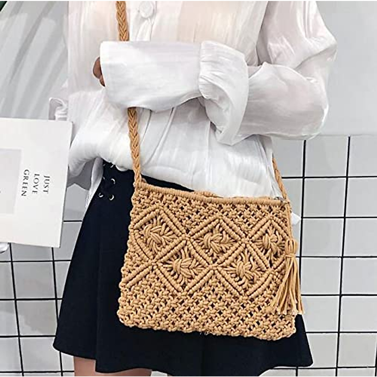 Meyaus Women Small Fringed Cotton Crochet Cross-body Shoulder Bag Bohemian Beach Travel Purse
