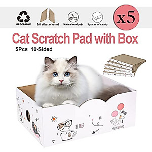 5 Packs in 1 Cat Scratch Pad with Box, Cat Scratcher Cardboard,Reversible,Durable Recyclable Cardboard, Suitable for Cats to Rest, Grind Claws and Play with Scratch Box