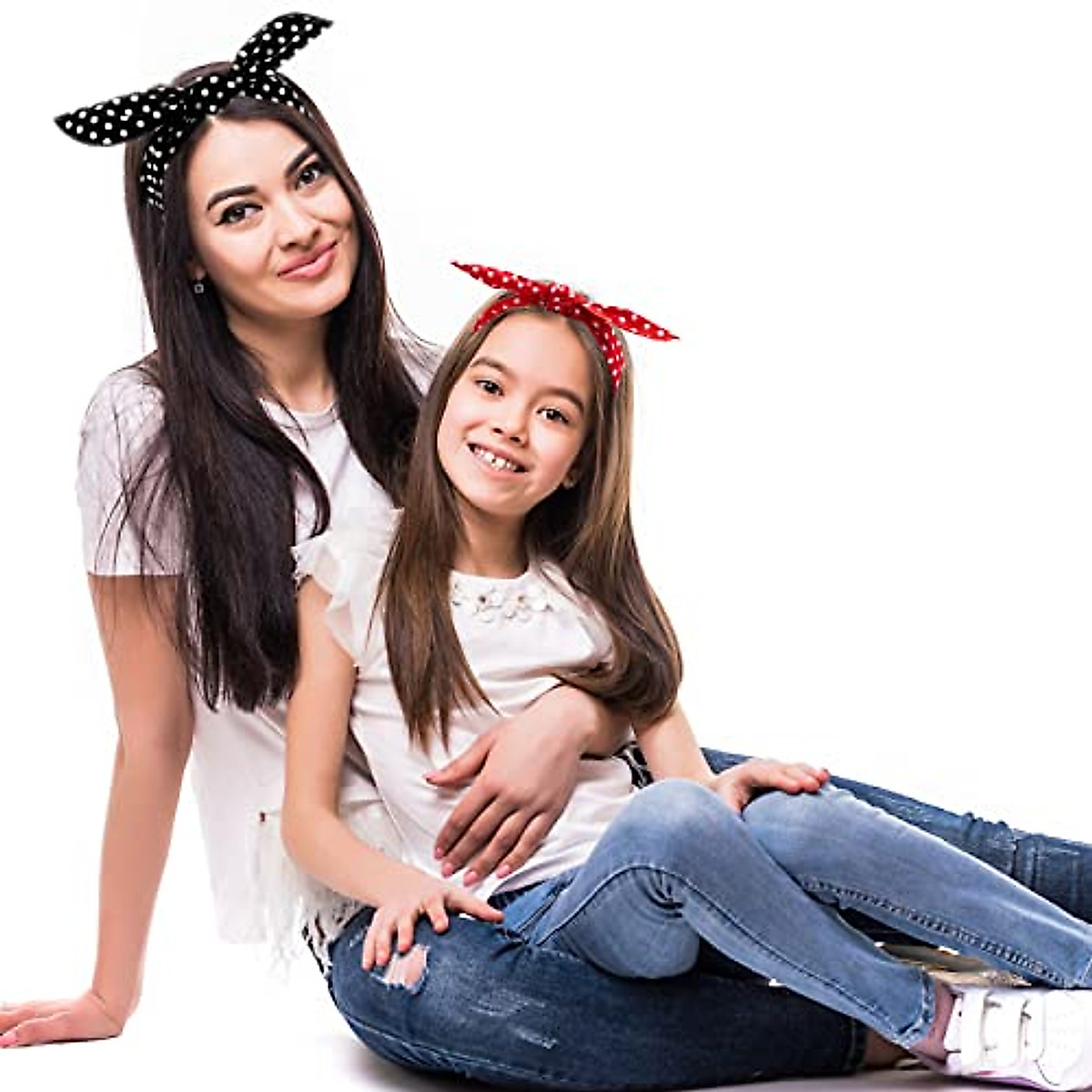 Hicarer 2 Pieces Polka Dot Headbands for Girls and Women Headband Retro Bandana Halloween Dress Up 50s Wire Headband Vintage Print Christmas Hairband (Red, Black,0.23 Inch)