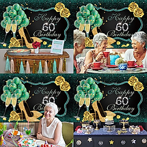 Bellimas Happy 60th Birthday Backdrop Green and Black Women Birthday Party Background High Heels Gold Rose Sixty Birthday Prom Party Supplies Banner with Copper Grommets